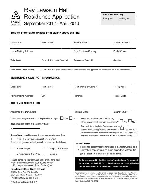 Ray Lawson Hall Residence Application - Sault College