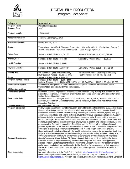 DIGITAL FILM PRODUCTION Program Fact Sheet - Sault College