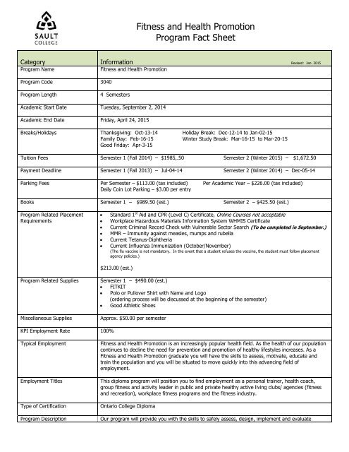 Fitness and Health Promotion Program Fact Sheet - Sault College
