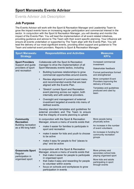 Events Advisor job description - Sport Manawatu