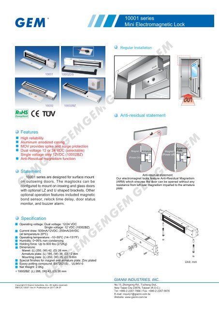 10001 series Mini Electromagnetic Lock - GEM,Gianni Industries, Inc.