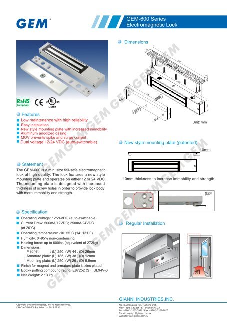 GEM-600 Series Electromagnetic Lock - GEM,Gianni Industries, Inc.