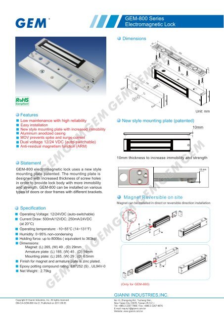 GEM-800 Series Electromagnetic Lock - GEM,Gianni Industries, Inc.