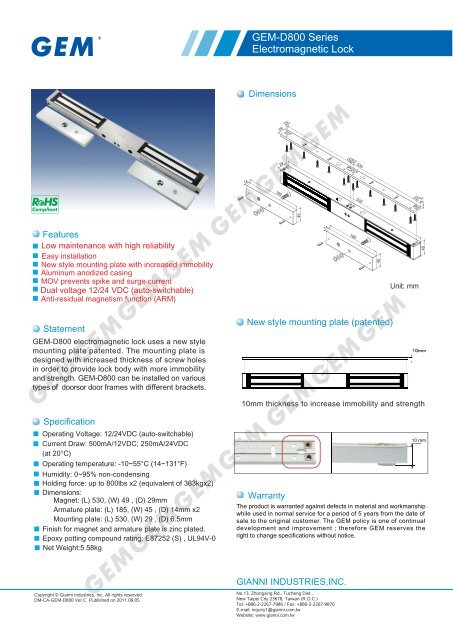 GEM-D800 Series Electromagnetic Lock - GEM,Gianni Industries, Inc.