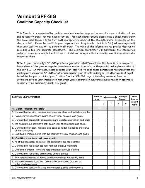 Coalition Capacity Checklist - Center for Health and Learning