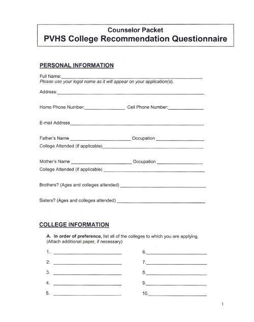 Counselor Packet PVHS College Recommendation Questionnaire