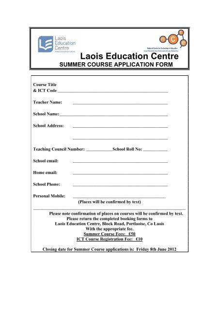 Laois Education Centre SUMMER COURSE APPLICATION FORM