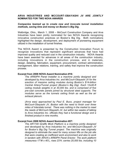 McCourt Construction and Arva Industries Receive Multiple NOVA ...