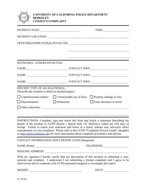 Citizen Complaint - UC Berkeley Police Department