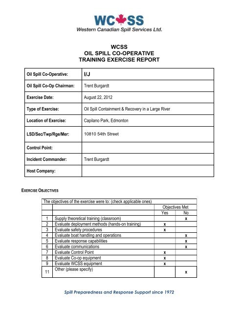 WCSS OIL SPILL CO-OPERATIVE TRAINING EXERCISE REPORT I/J