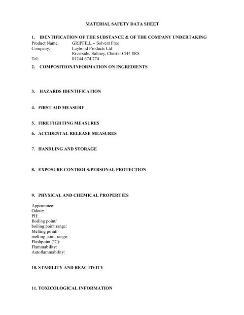 Gripfill Health & Safety & Technical Data Sheet - Construction ...