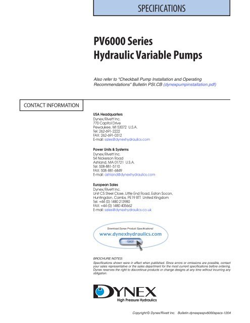 PV6000 Series Hydraulic Variable Pumps