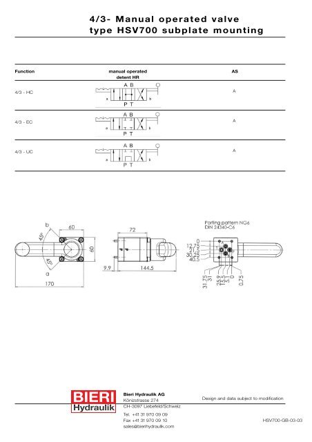 4/3- Manual operated valve type HSV700 subplate mounting