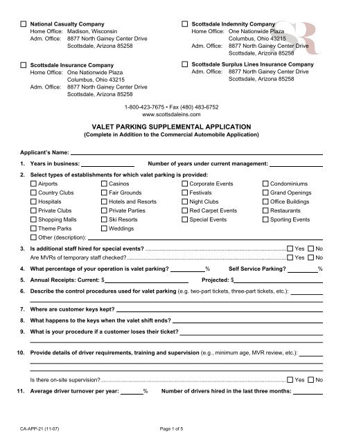 VALET PARKING SUPPLEMENTAL APPLICATION