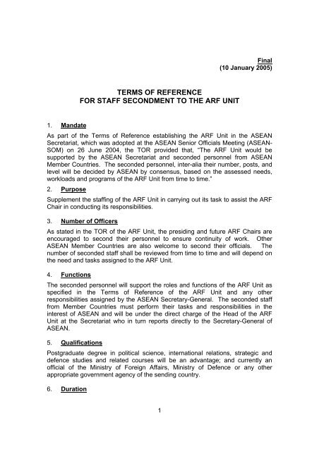 TOR of ARF Secondment - ASEAN Regional Forum