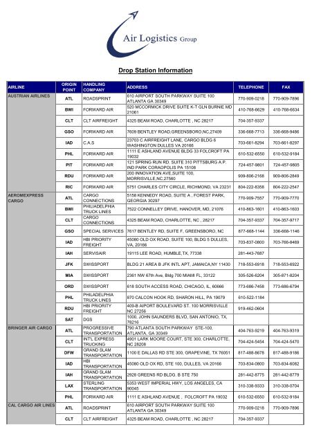 Drop Station Information - Air Logistics USA