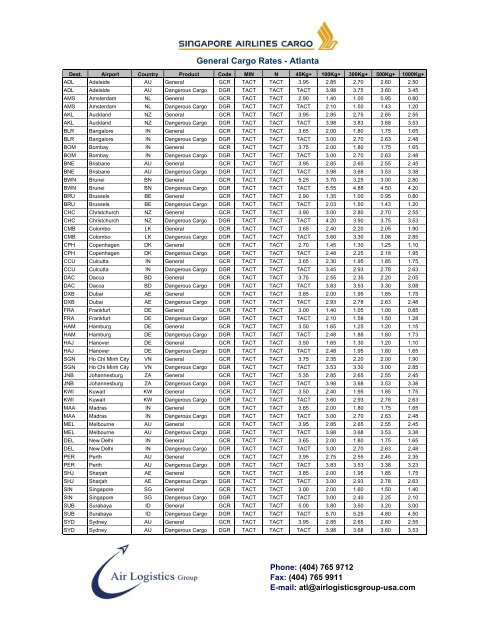 Singapore Rate Sheet - Air Logistics USA