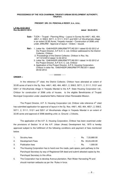 Sub:- TUDA â Tirupati - Planning Wing â Layout in Survey No.446/1 ...