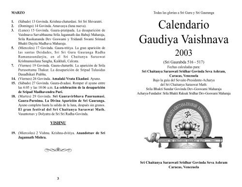 Calendario Gaudiya Vaishnava - Sri Chaitanya Saraswat Math