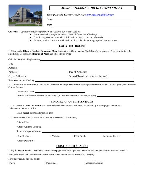 MESA COLLEGE LIBRARY WORKSHEET