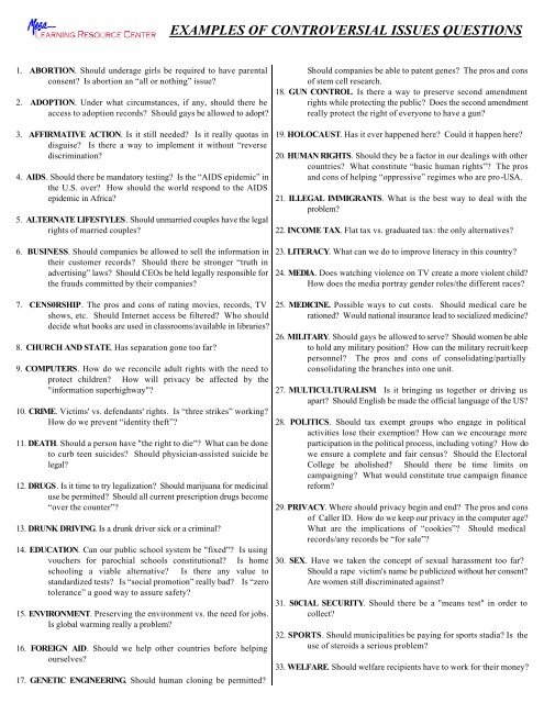 EXAMPLES OF CONTROVERSIAL ISSUES QUESTIONS