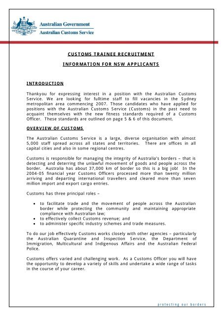 customs trainee recruitment information - Australian Customs Service