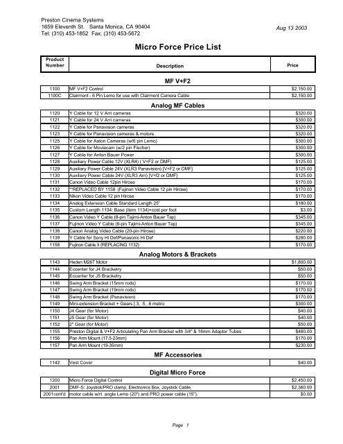 Micro Force Price List - Preston Cinema Systems