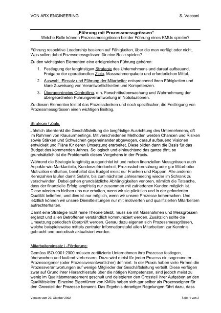 â FÃ¼hrung mit ProzessmessgrÃ¶ssenâ - Von Arx Engineering