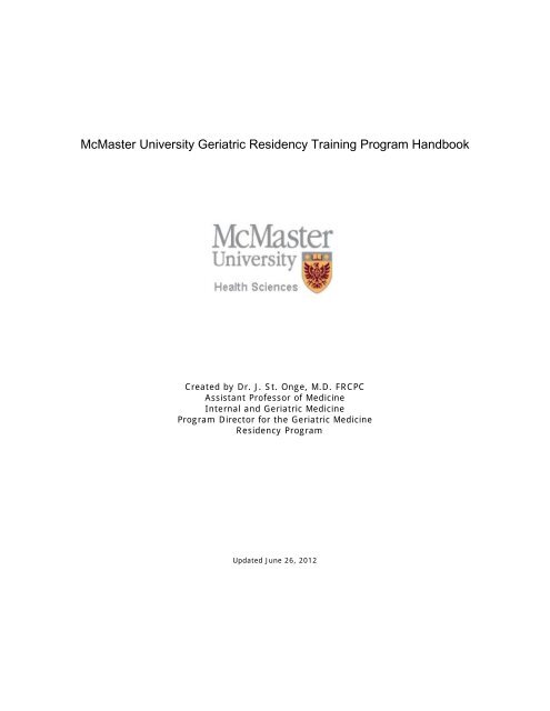 Geriatric Residency Training Program Handbook - Faculty of Health ...