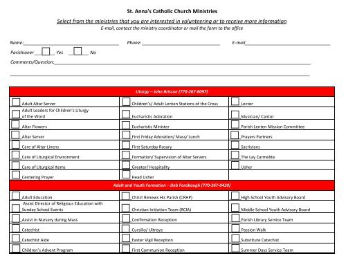 Ministry Sign-up Form - St. Anna's Catholic Church