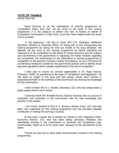 VOTE OF THANKS - Competition Commission of India