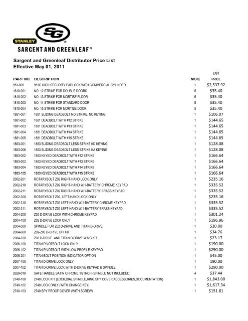 2011 Distributor Price List Eff May 1 2011 Sargent And Greenleaf 2011-distributor-price-list-eff-may-1-2011-sargent-and-greenleaf