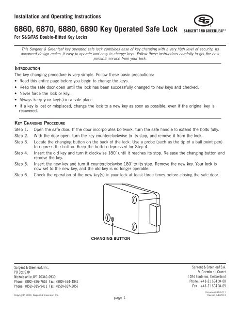 Installation/Change Instructions - Sargent and Greenleaf