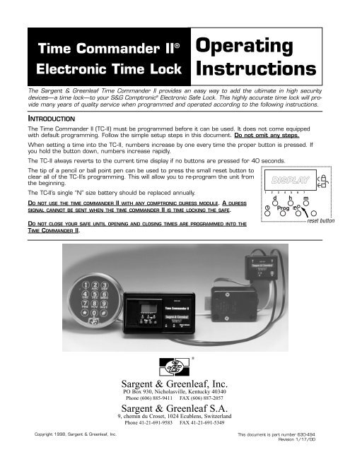 Time Commander Operating Instructions - Sargent and Greenleaf