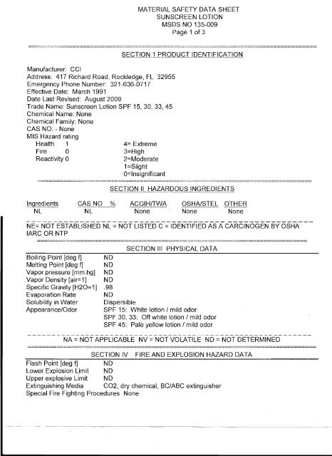 MATERIAL SAFETY DATA SHEET SUNSCREEN LOTION MSDS ...