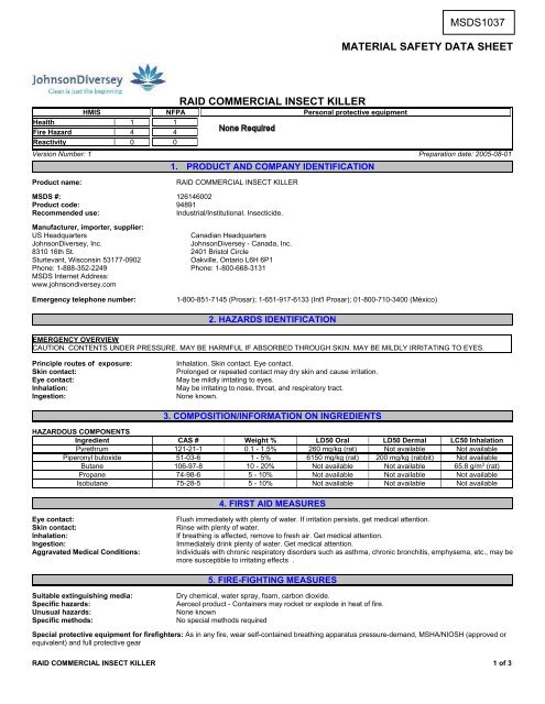 material safety data sheet raid commercial insect killer msds1037