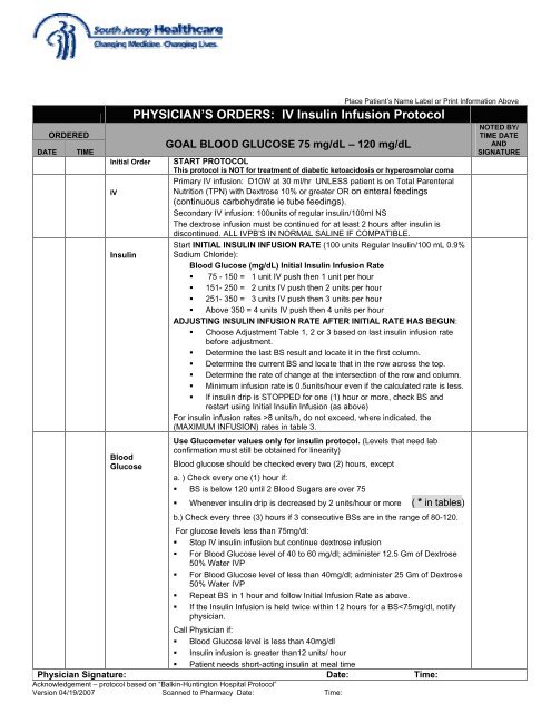 PHYSICIAN'S ORDERS: IV Insulin Infusion Protocol