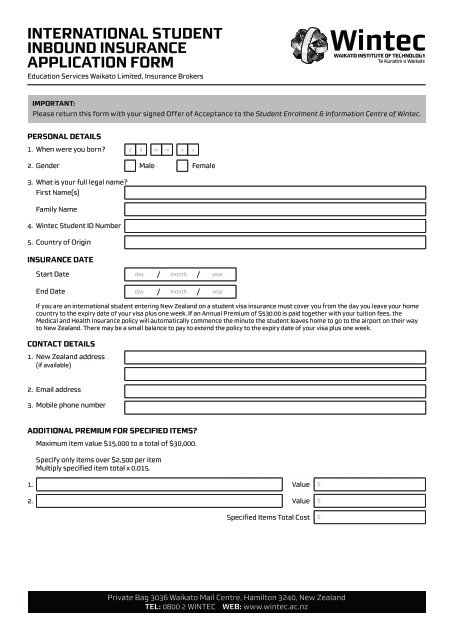 international student inbound insurance application form - Wintec