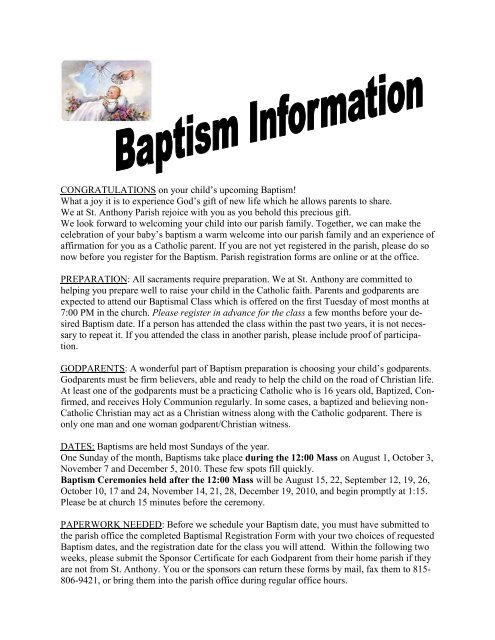 Baptism information letter 2010 (PDF) - St. Anthony Catholic Church