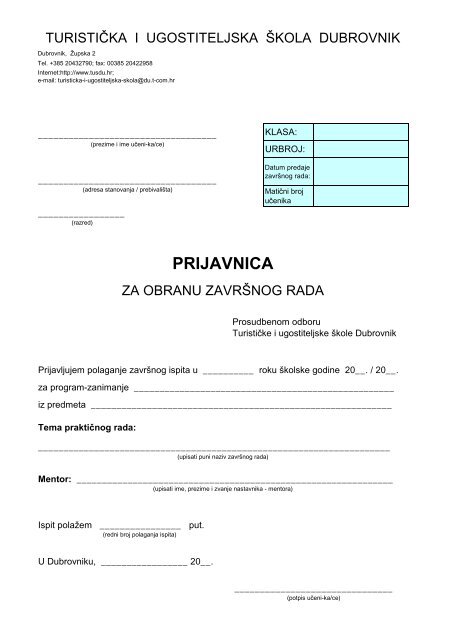 Obrazac za prijavu zavrÅ¡nog rada - TuristiÄ ka i ugostiteljska Å¡kola ...