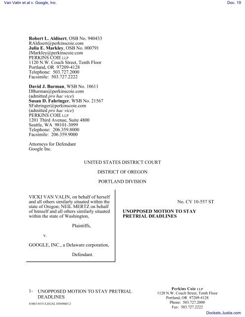 1- UNOPPOSED MOTION TO STAY PRETRIAL DEADLINES ... - Justia