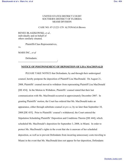 NOTICE by All Defendants of Postponement of Deposition of ... - Justia