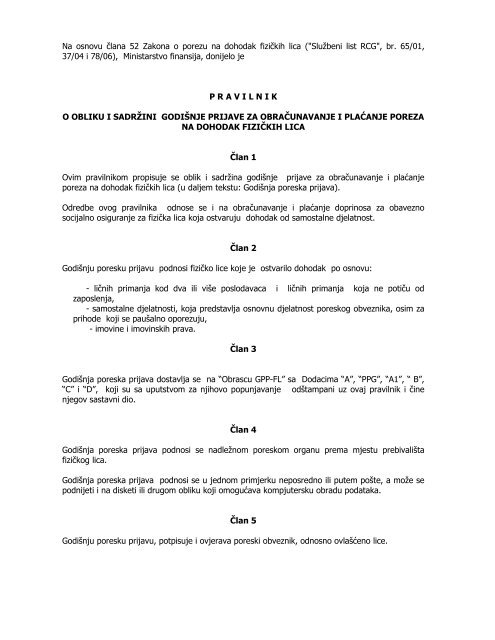 Pravilnik o obliku i sadržini godišnje prijave za obračunavanje i ...