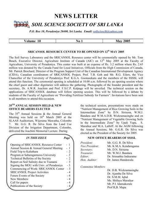 SOIL SCIENCE SOCIETY OF SRI LANKA (SSSSL) - Agricultural ...