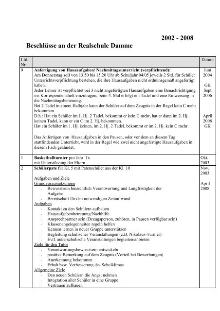 2002 - 2008 Beschlüsse an der Realschule Damme