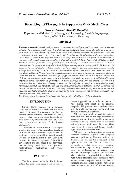 Bacteriology of Pharyngitis in Suppurative Otitis Media Cases