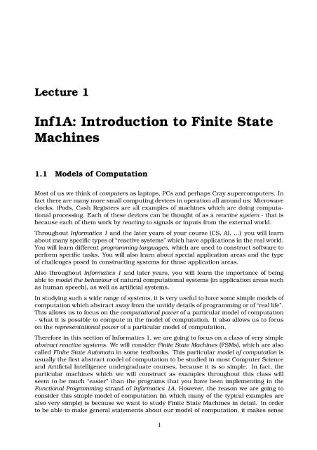 Inf1A: Introduction to Finite State Machines