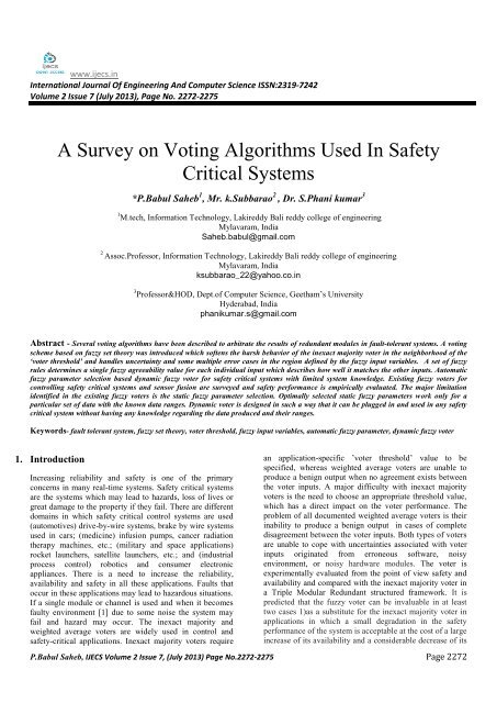 A Survey On Voting Algorithms Used In Safety Critical Systems Ijecs