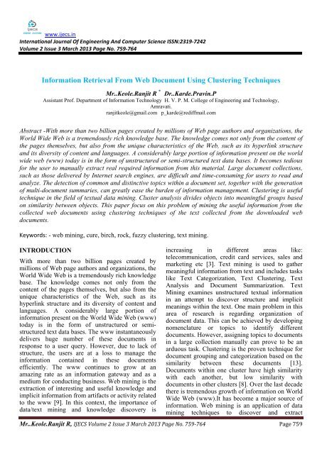 Information Retrieval From Web Document Using Clustering Ijecs