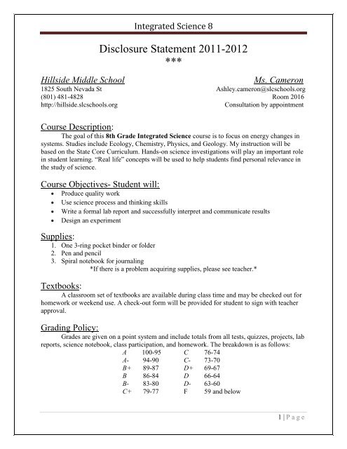 Integrated Science 8 - Hillside Middle School